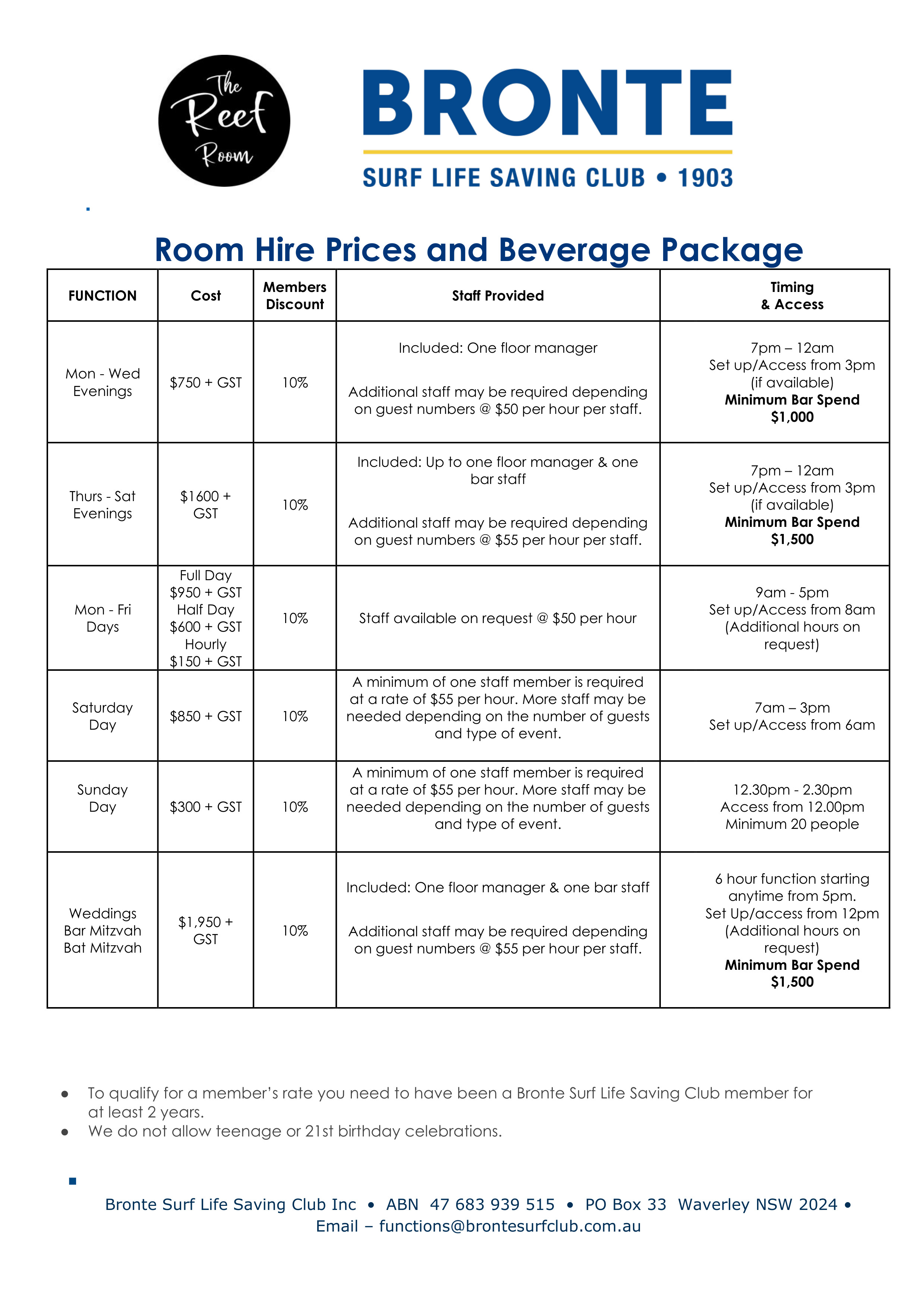 Function, Food and Beverages Price Lists | Bronte Function Centre